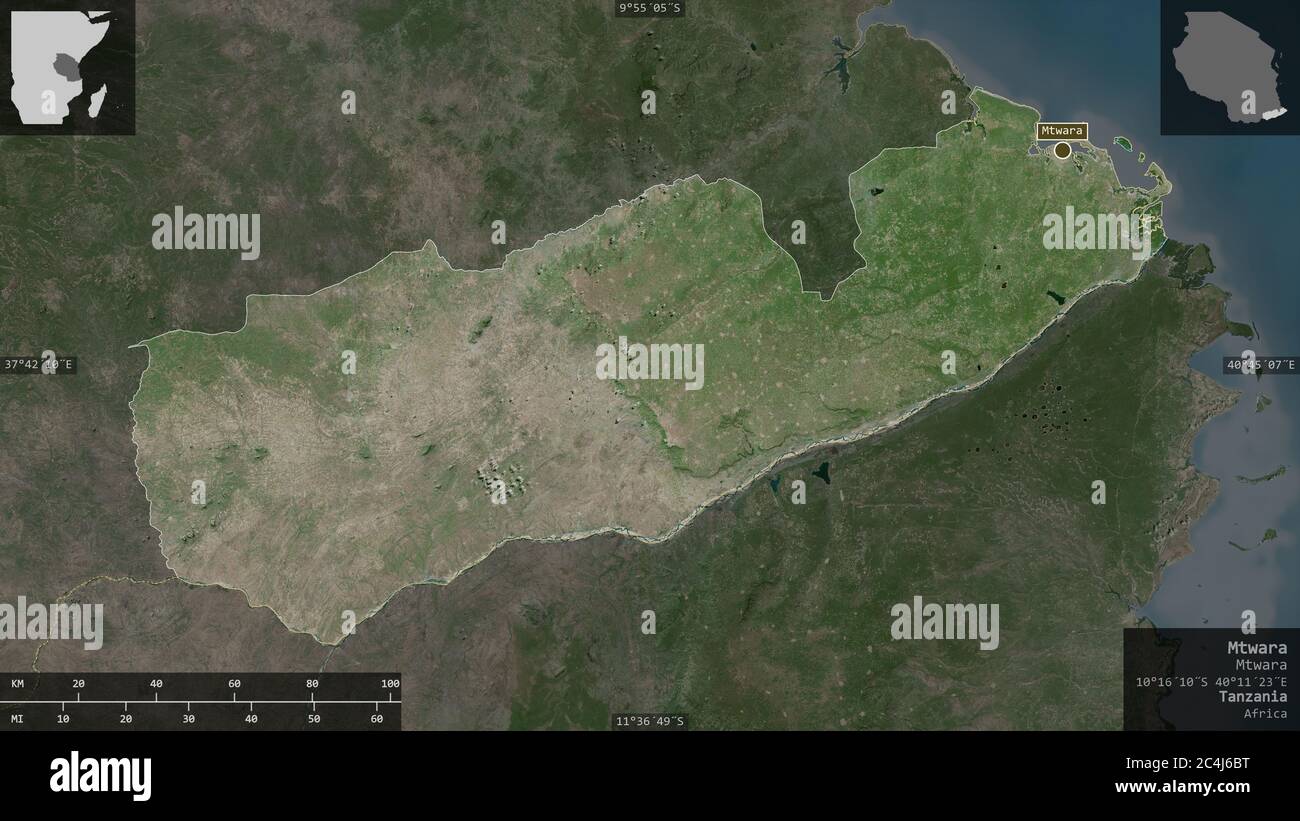 Mtwara, region of Tanzania. Satellite imagery. Shape presented against ...