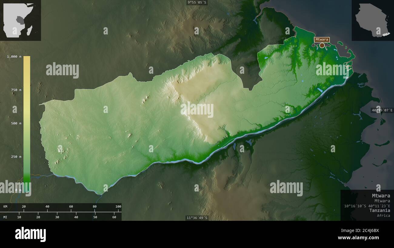Mtwara, region of Tanzania. Colored shader data with lakes and rivers ...