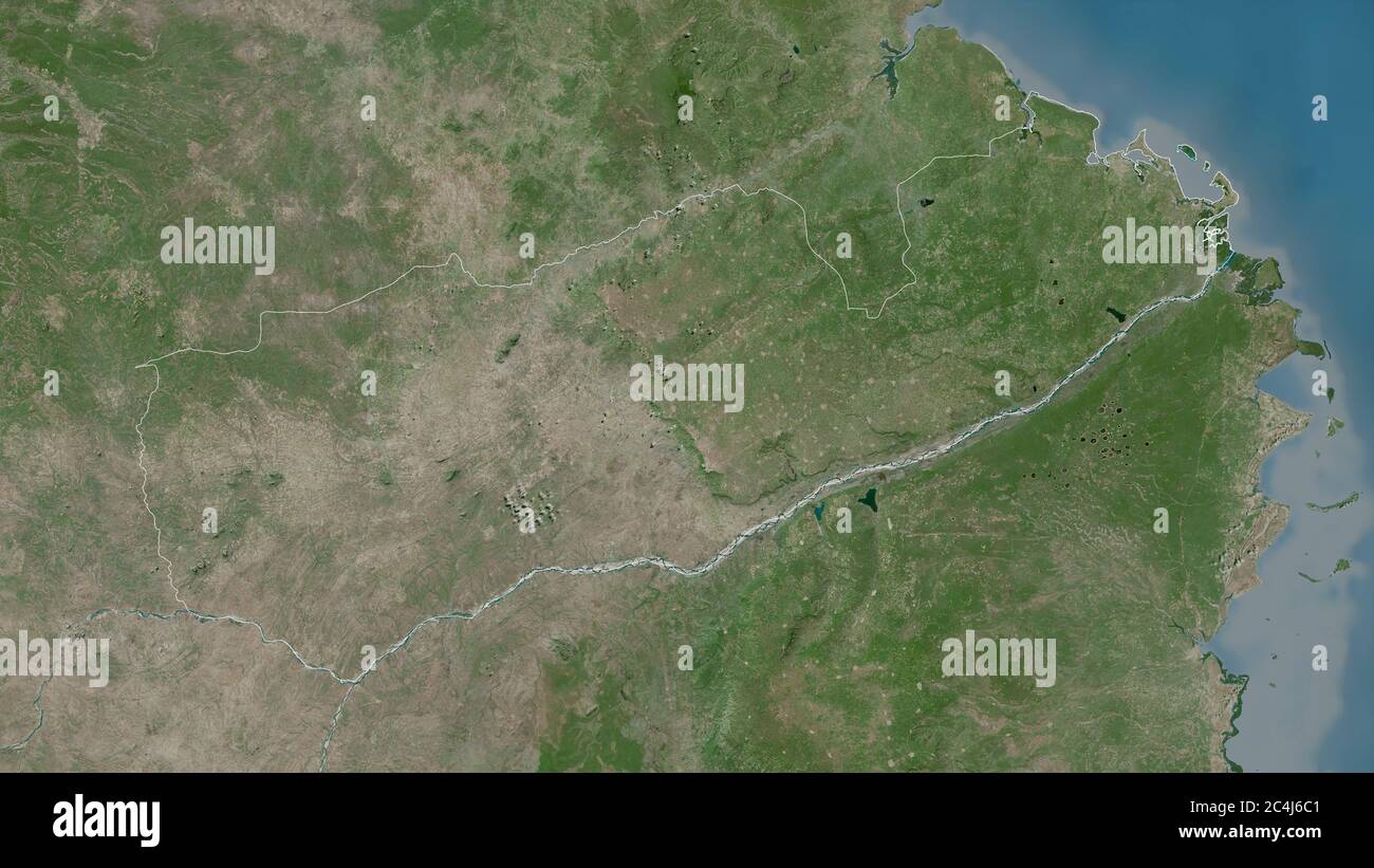 Mtwara, region of Tanzania. Satellite imagery. Shape outlined against ...