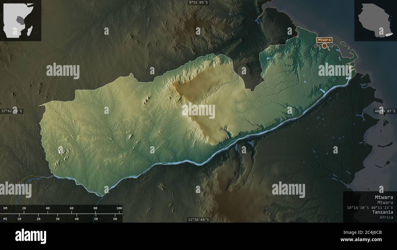 Mtwara, region of Tanzania. Colored relief with lakes and rivers. Shape ...