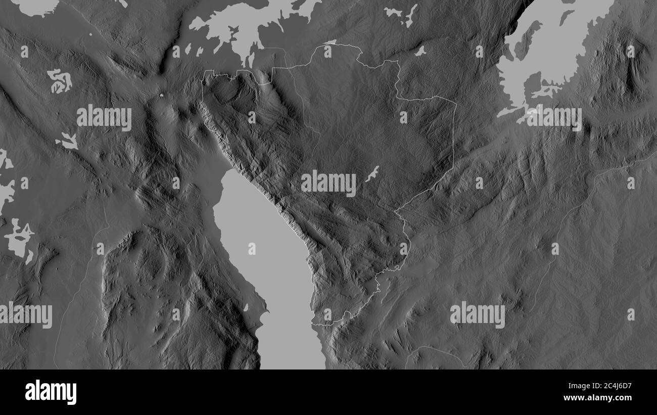 Njombe, region of Tanzania. Grayscaled map with lakes and rivers. Shape ...