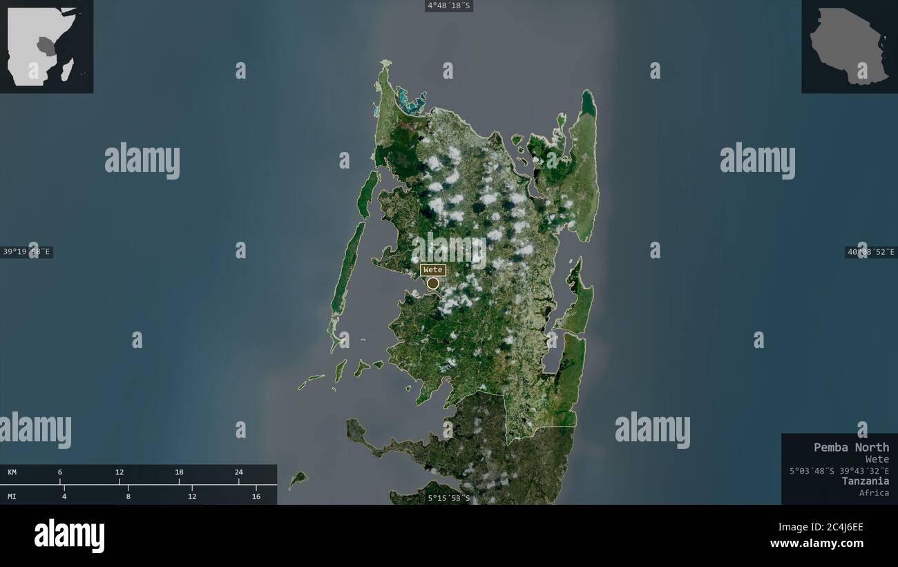 Pemba North, region of Tanzania. Satellite imagery. Shape presented ...