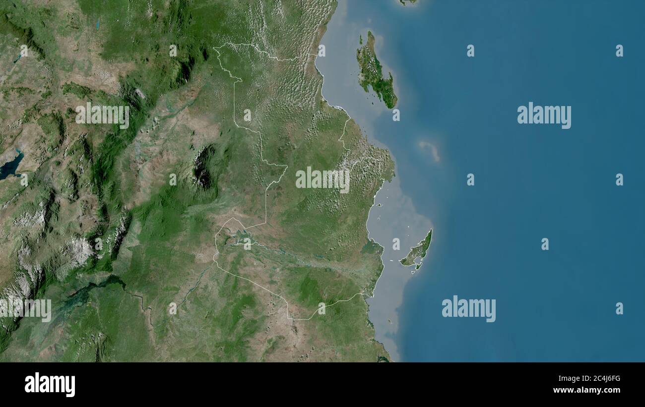 Pwani, region of Tanzania. Satellite imagery. Shape outlined against ...