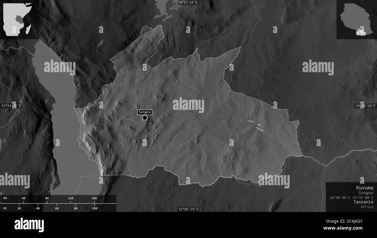 Ruvuma, region of Tanzania. Grayscaled map with lakes and rivers. Shape ...