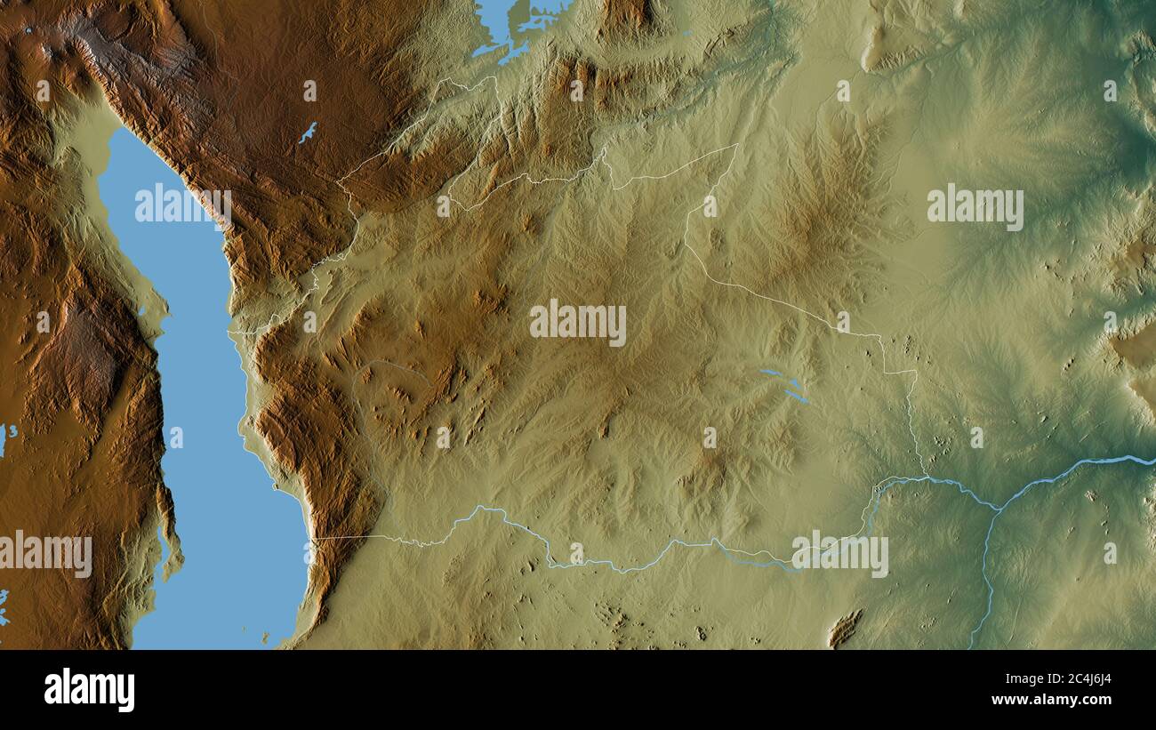Ruvuma, region of Tanzania. Colored relief with lakes and rivers. Shape ...