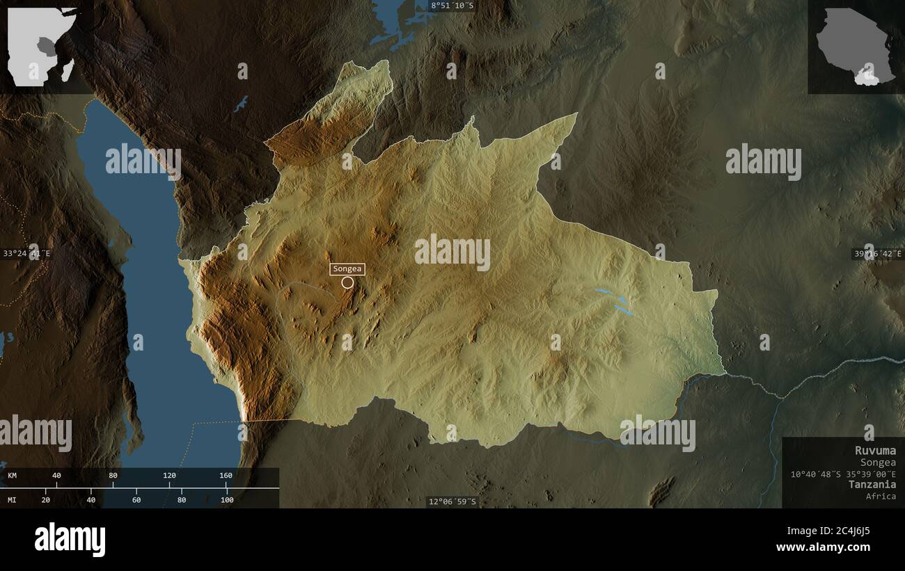 Ruvuma, region of Tanzania. Colored relief with lakes and rivers. Shape ...