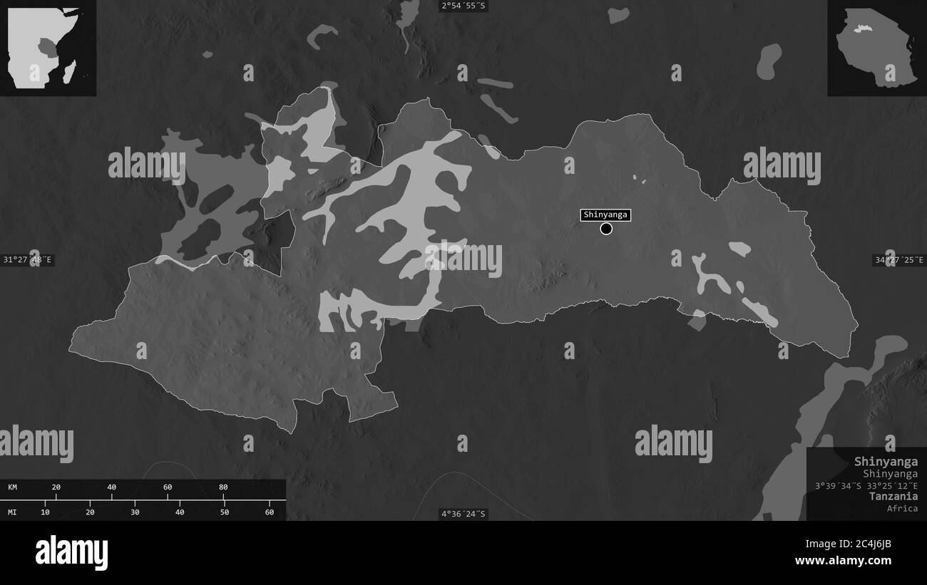 Shinyanga, region of Tanzania. Grayscaled map with lakes and rivers ...