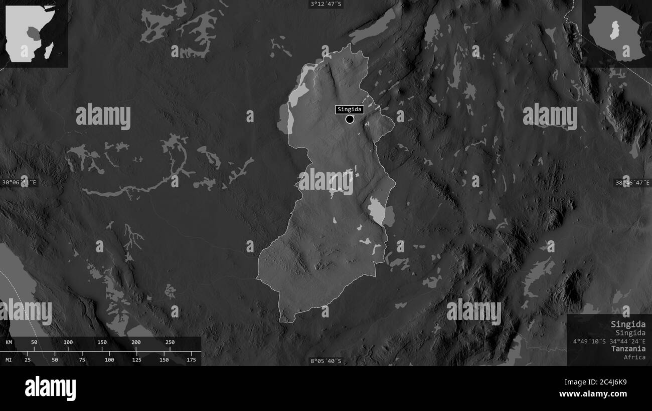 Singida, region of Tanzania. Grayscaled map with lakes and rivers ...