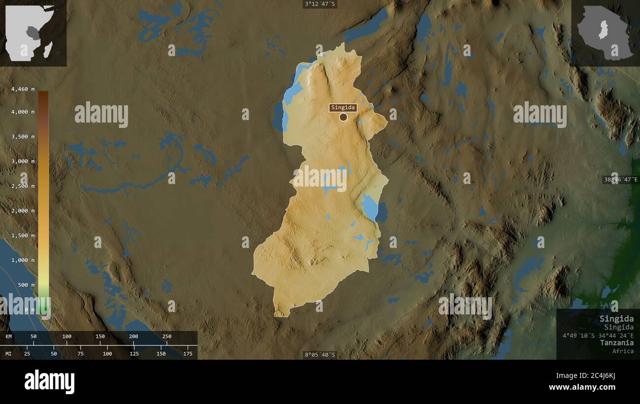Singida, region of Tanzania. Colored shader data with lakes and rivers ...