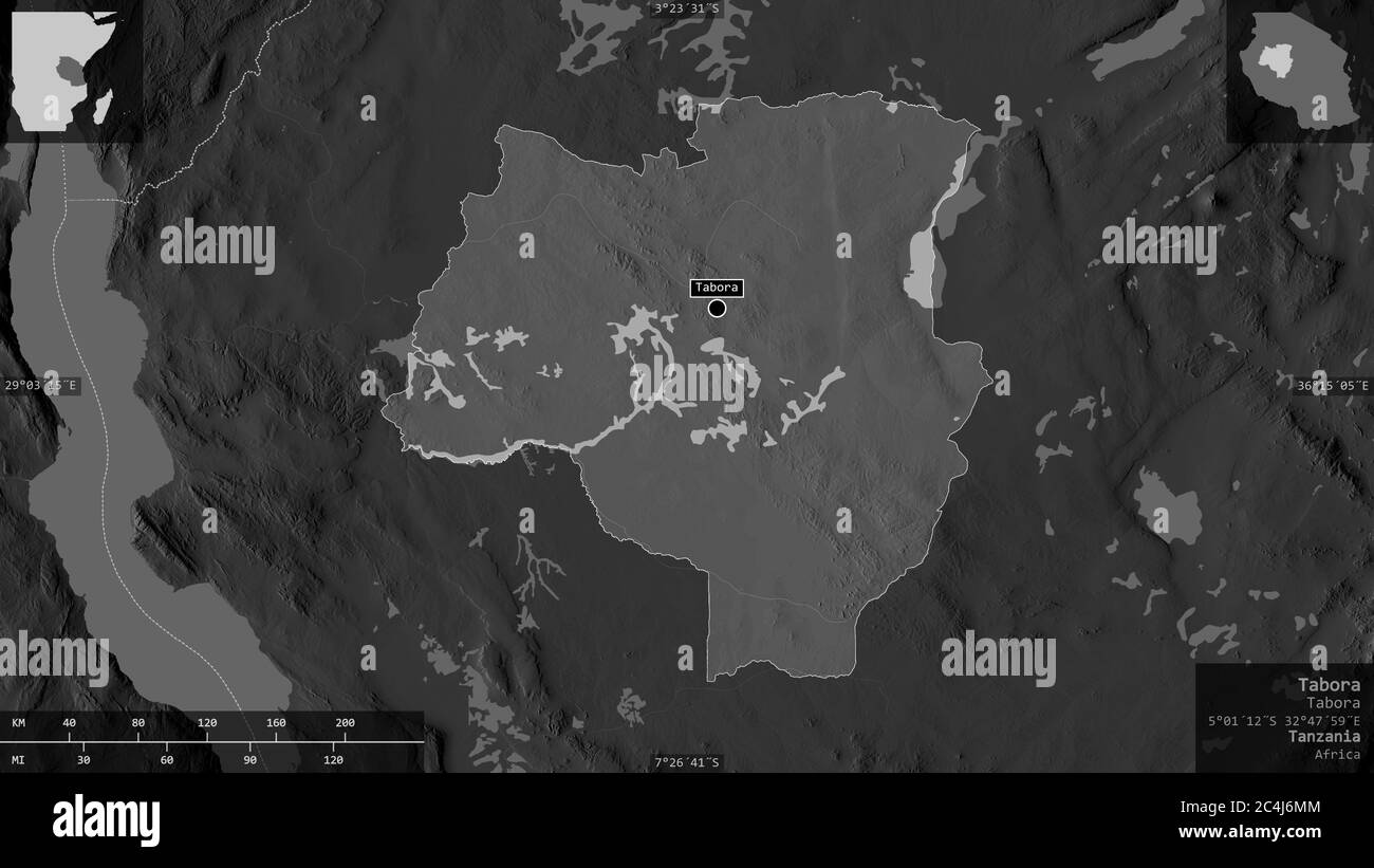 Tabora, region of Tanzania. Grayscaled map with lakes and rivers. Shape ...