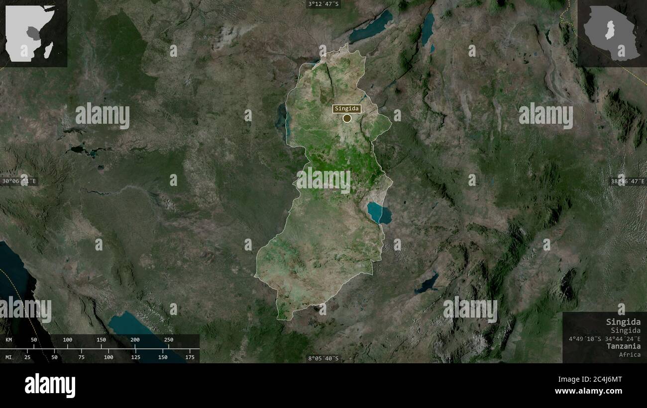 Singida, region of Tanzania. Satellite imagery. Shape presented against ...