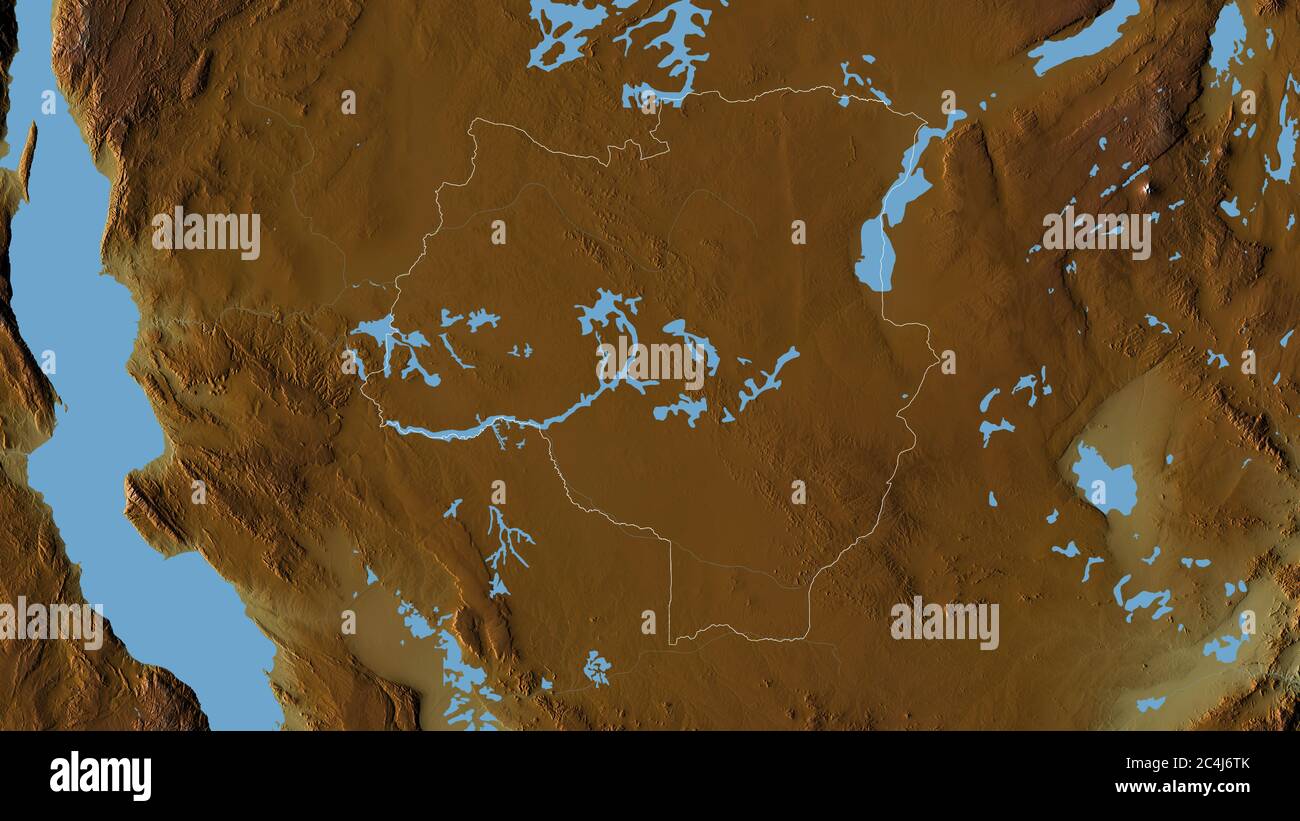 Tabora, region of Tanzania. Colored relief with lakes and rivers. Shape ...