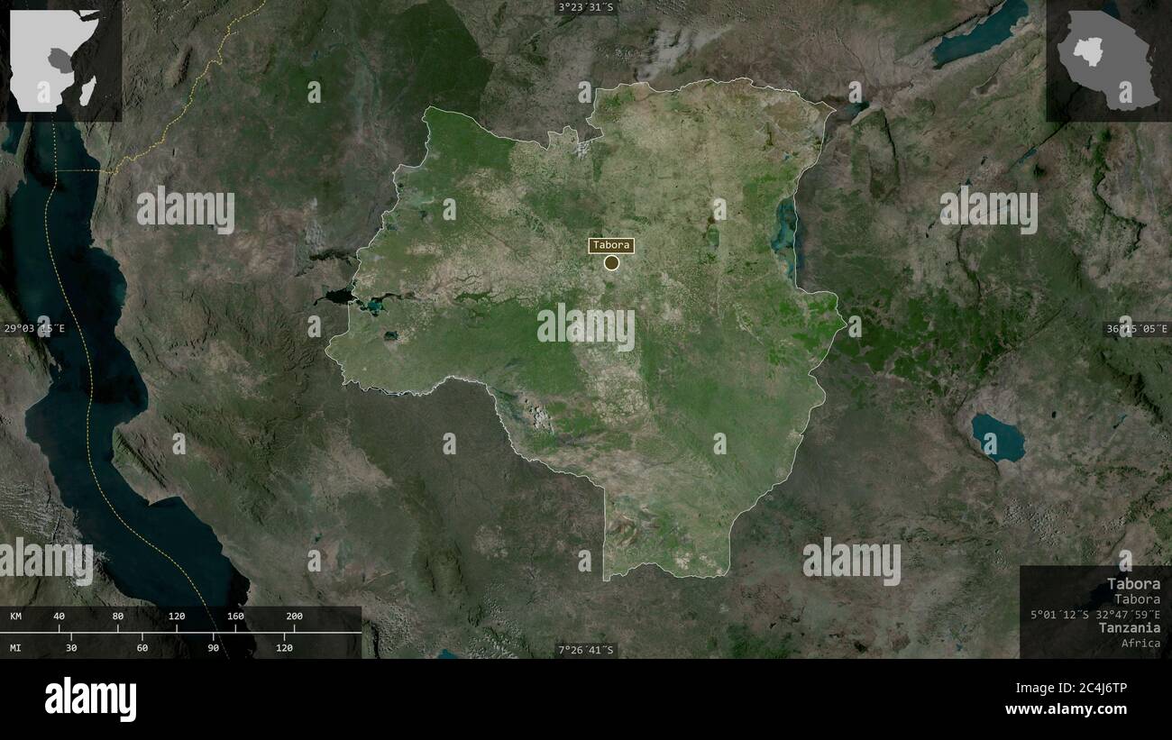 Tabora, region of Tanzania. Satellite imagery. Shape presented against ...