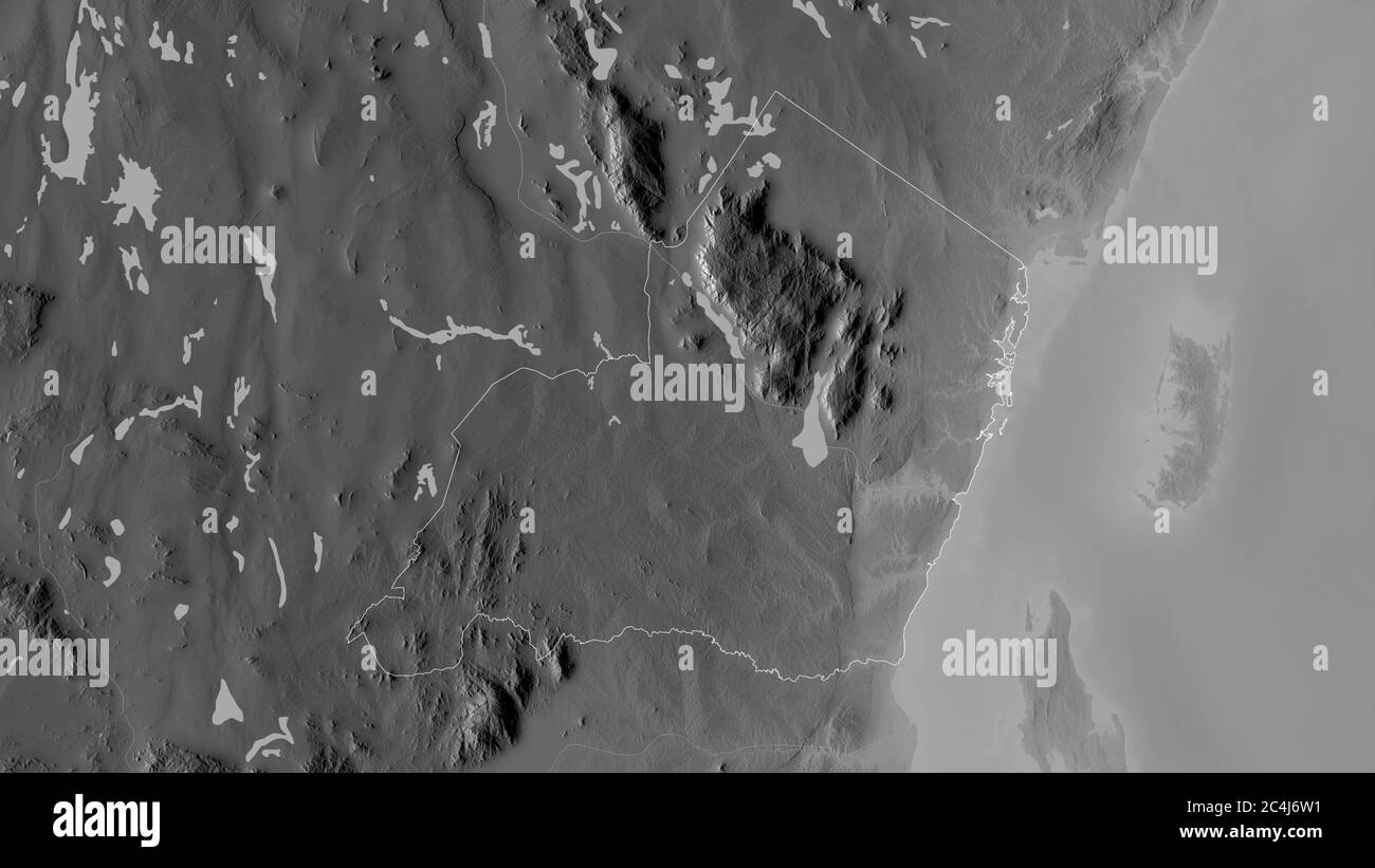 Tanga, region of Tanzania. Grayscaled map with lakes and rivers. Shape ...