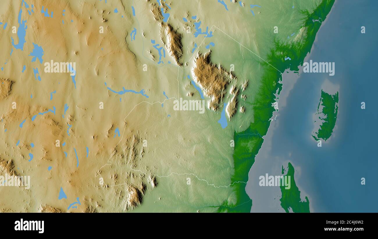 Tanga, region of Tanzania. Colored shader data with lakes and rivers ...