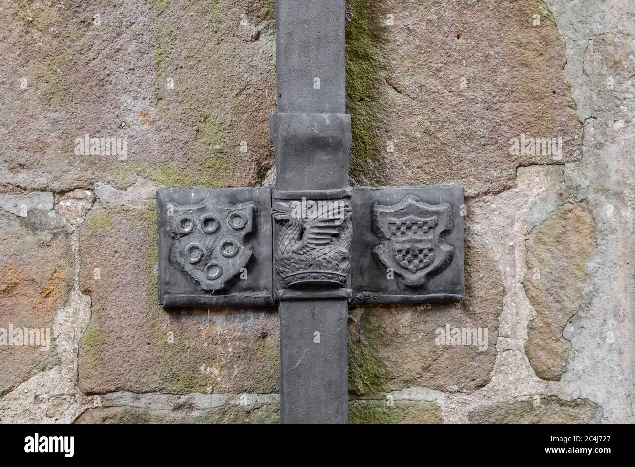 Detailed view of a medieval, leaded gutter seen on the outside of an ...