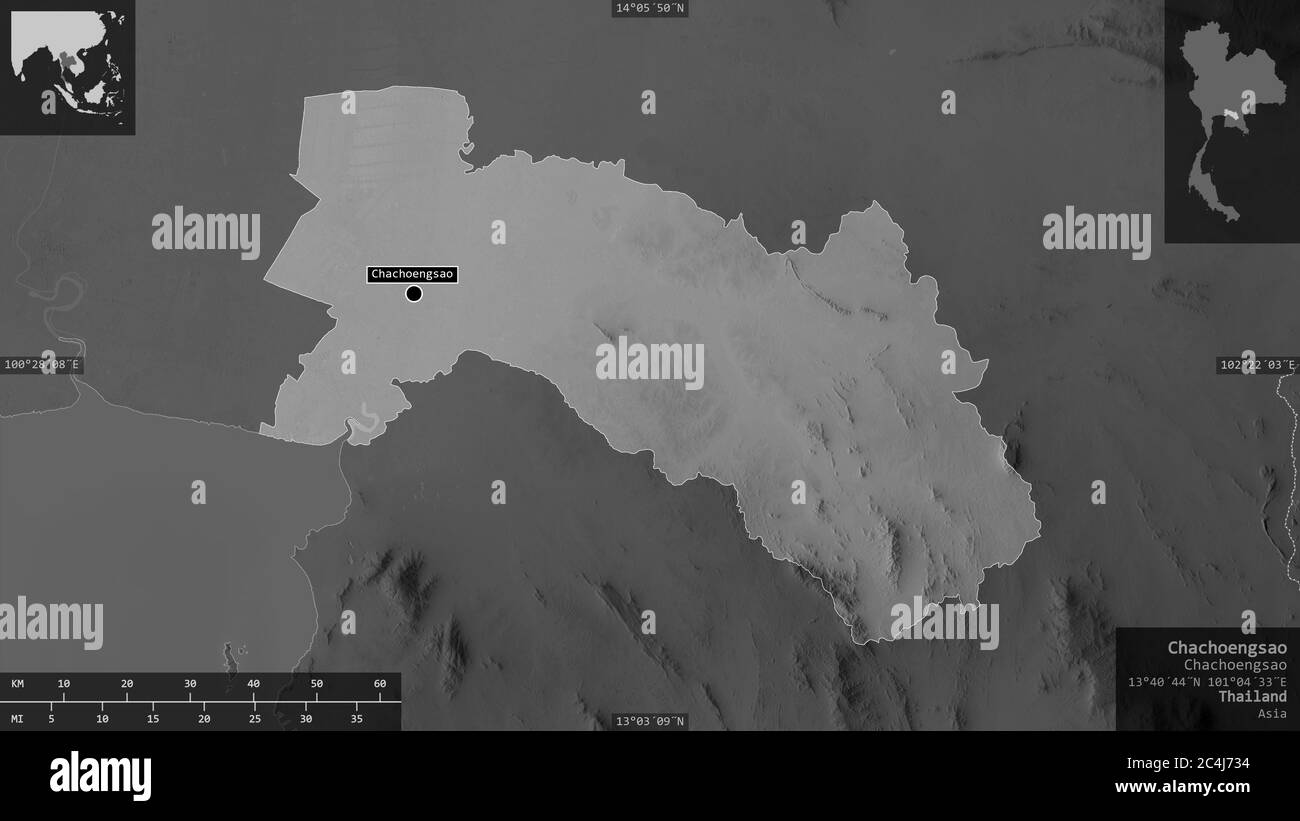 Chachoengsao, province of Thailand. Grayscaled map with lakes and ...