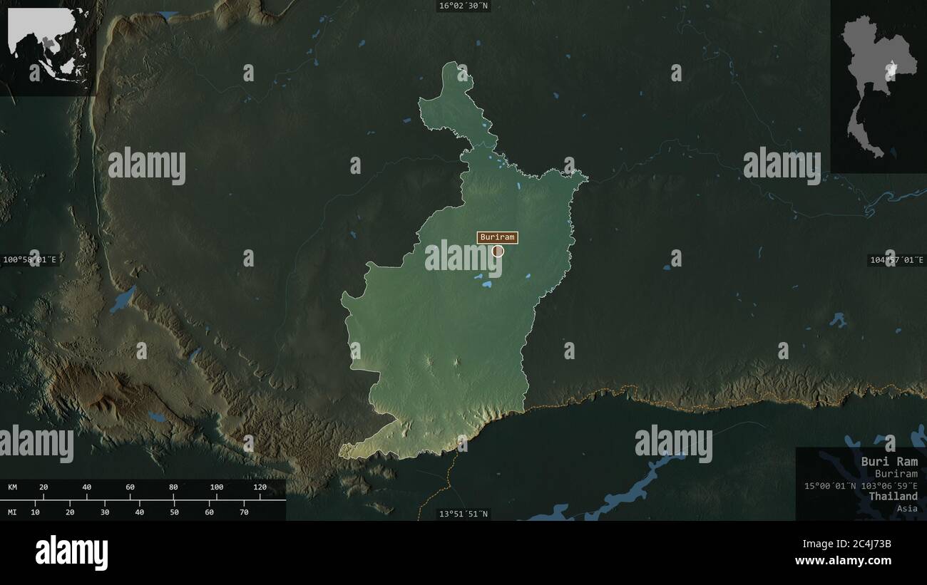 Buri Ram, province of Thailand. Colored relief with lakes and rivers ...