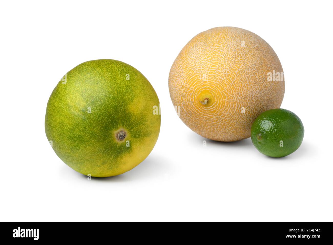 Fresh whole limelon with a galia melon and lime on white background ...