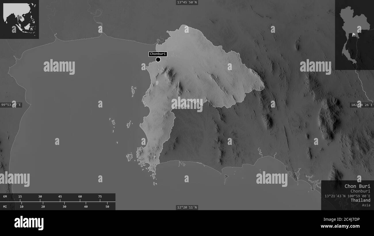Chon Buri, province of Thailand. Grayscaled map with lakes and rivers ...