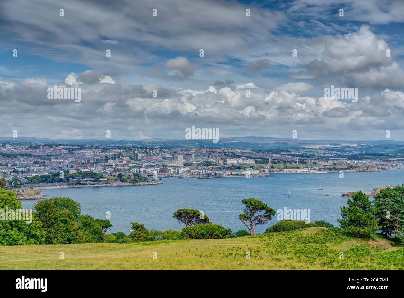 A distant view from high up on the Mount Edgecumbe Estate looking ...