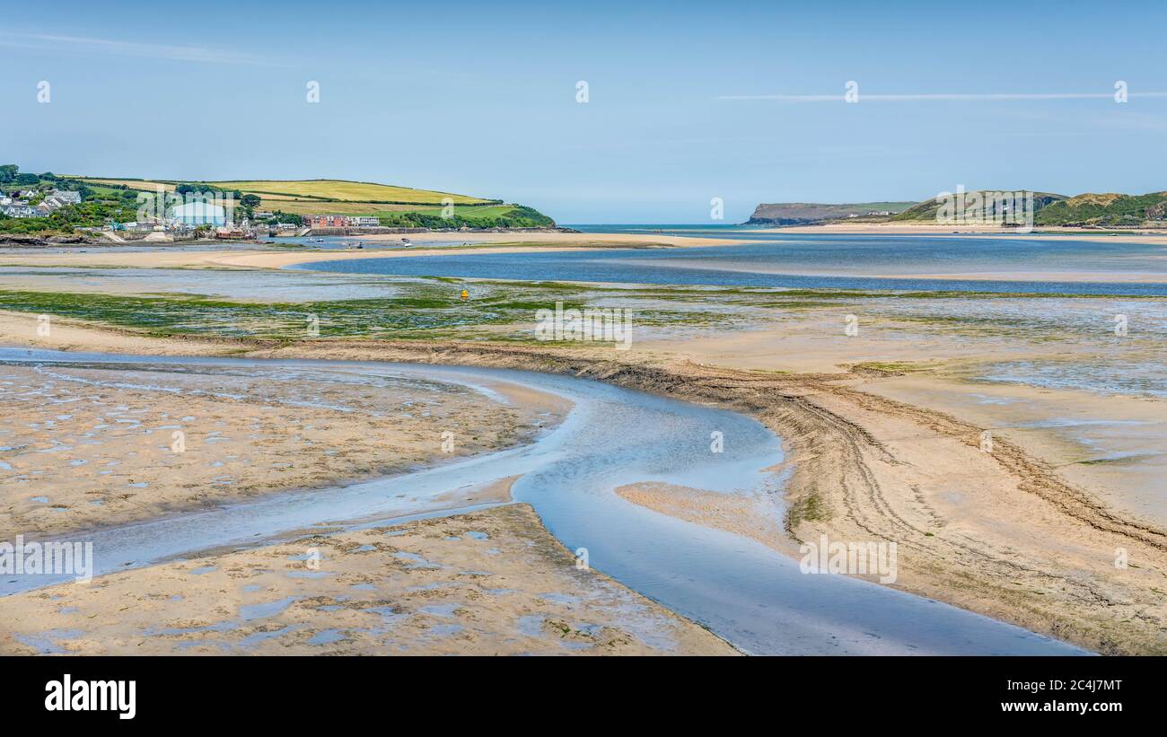 Twisting waters at low tide on the Camel Estuary in summer looking down ...