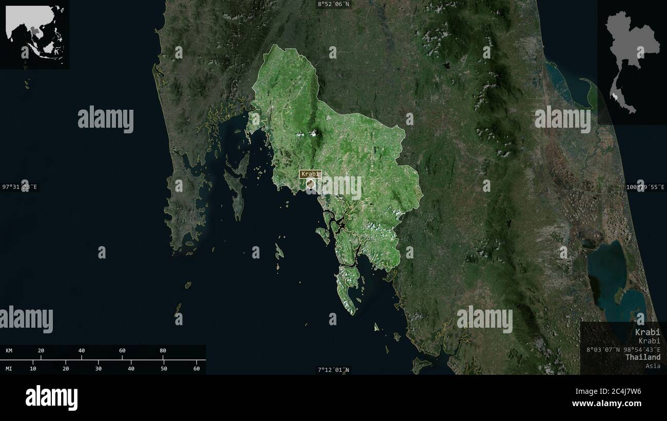 Krabi, province of Thailand. Satellite imagery. Shape presented against ...
