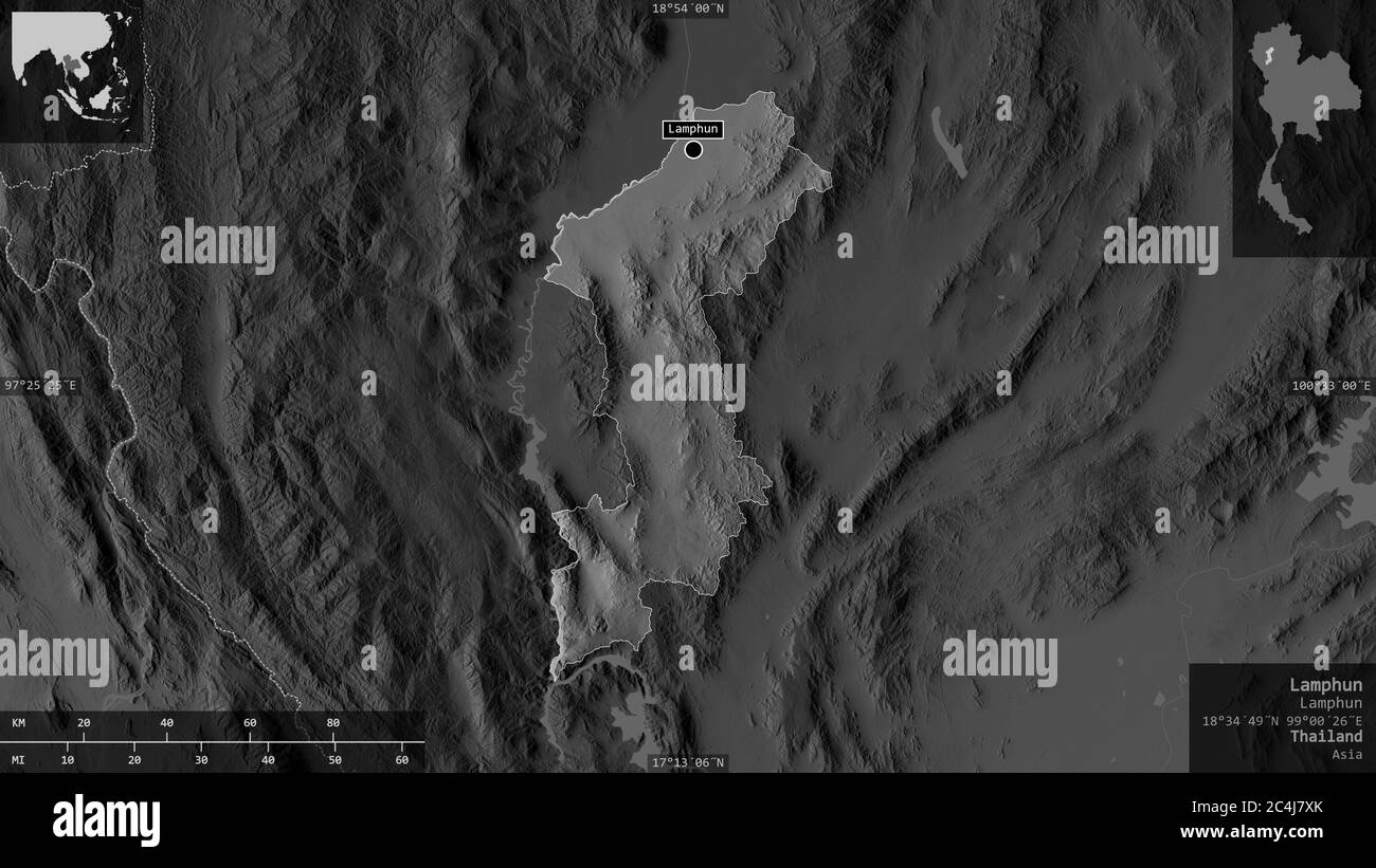 Lamphun, province of Thailand. Grayscaled map with lakes and rivers ...