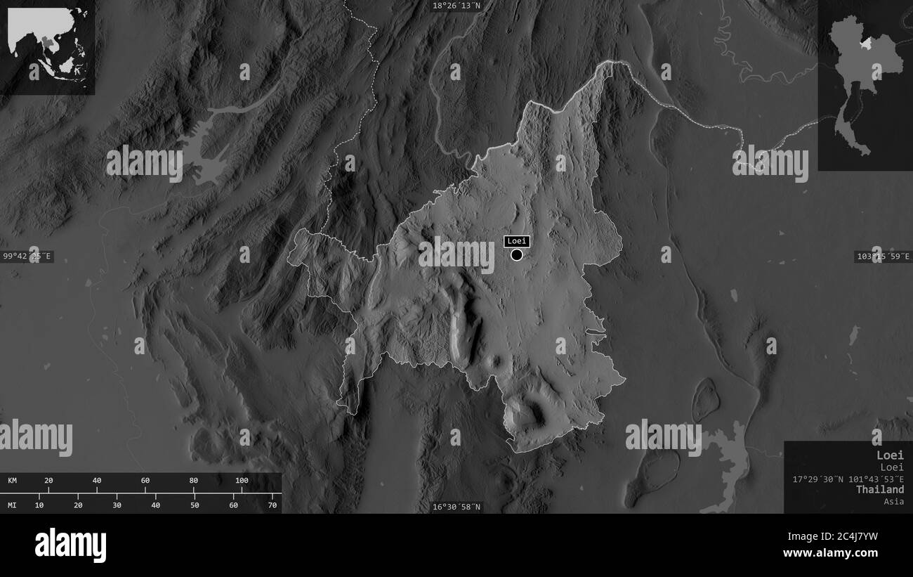 Loei, province of Thailand. Grayscaled map with lakes and rivers. Shape ...
