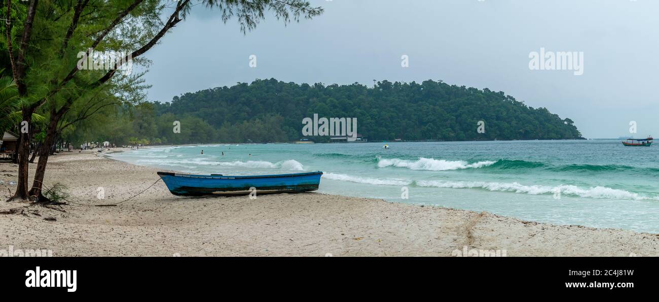 Long Set Beach, Koh Rong, Cambodia- Feb, 2020 : a view of some boats ...
