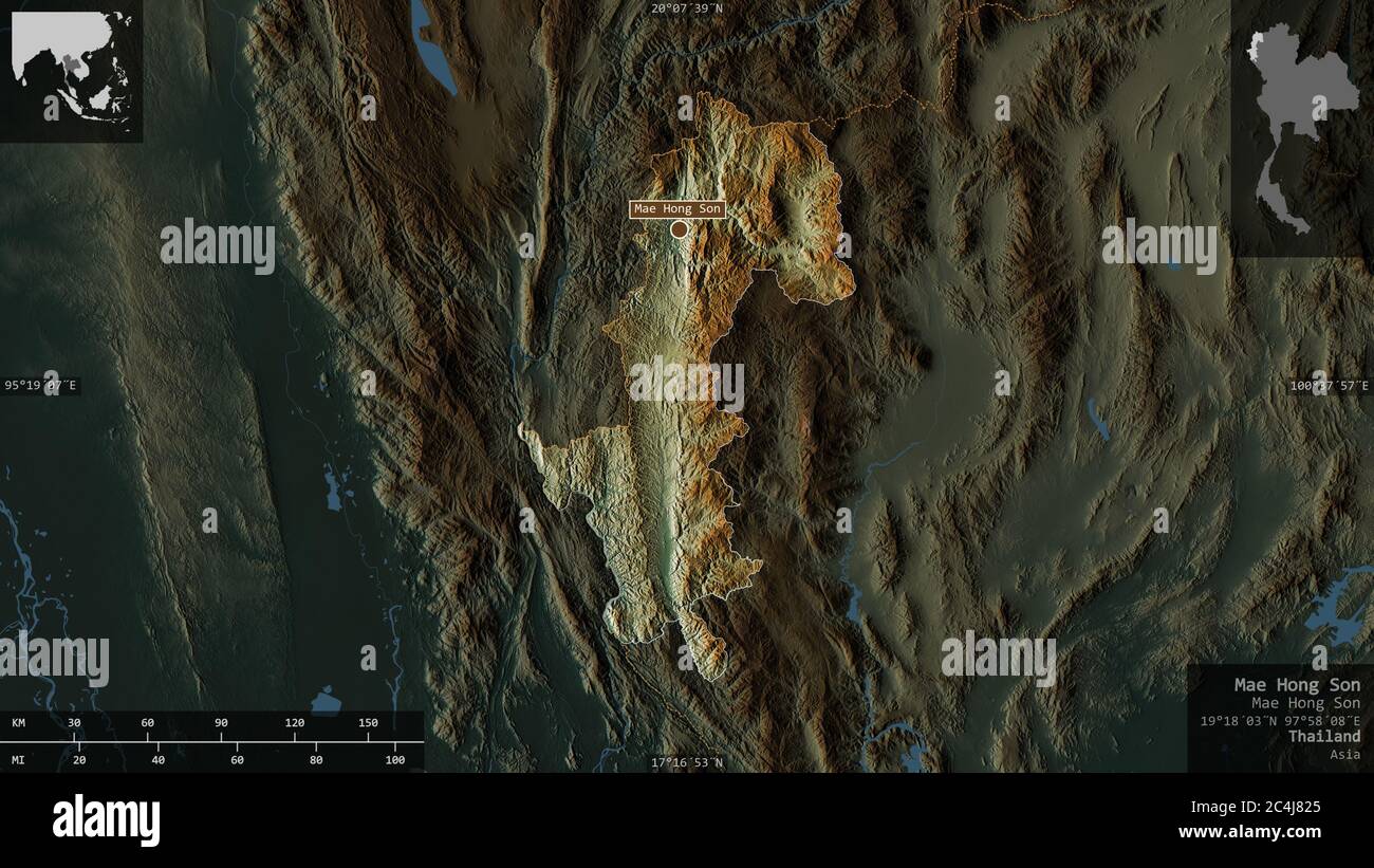 Mae Hong Son, province of Thailand. Colored relief with lakes and ...