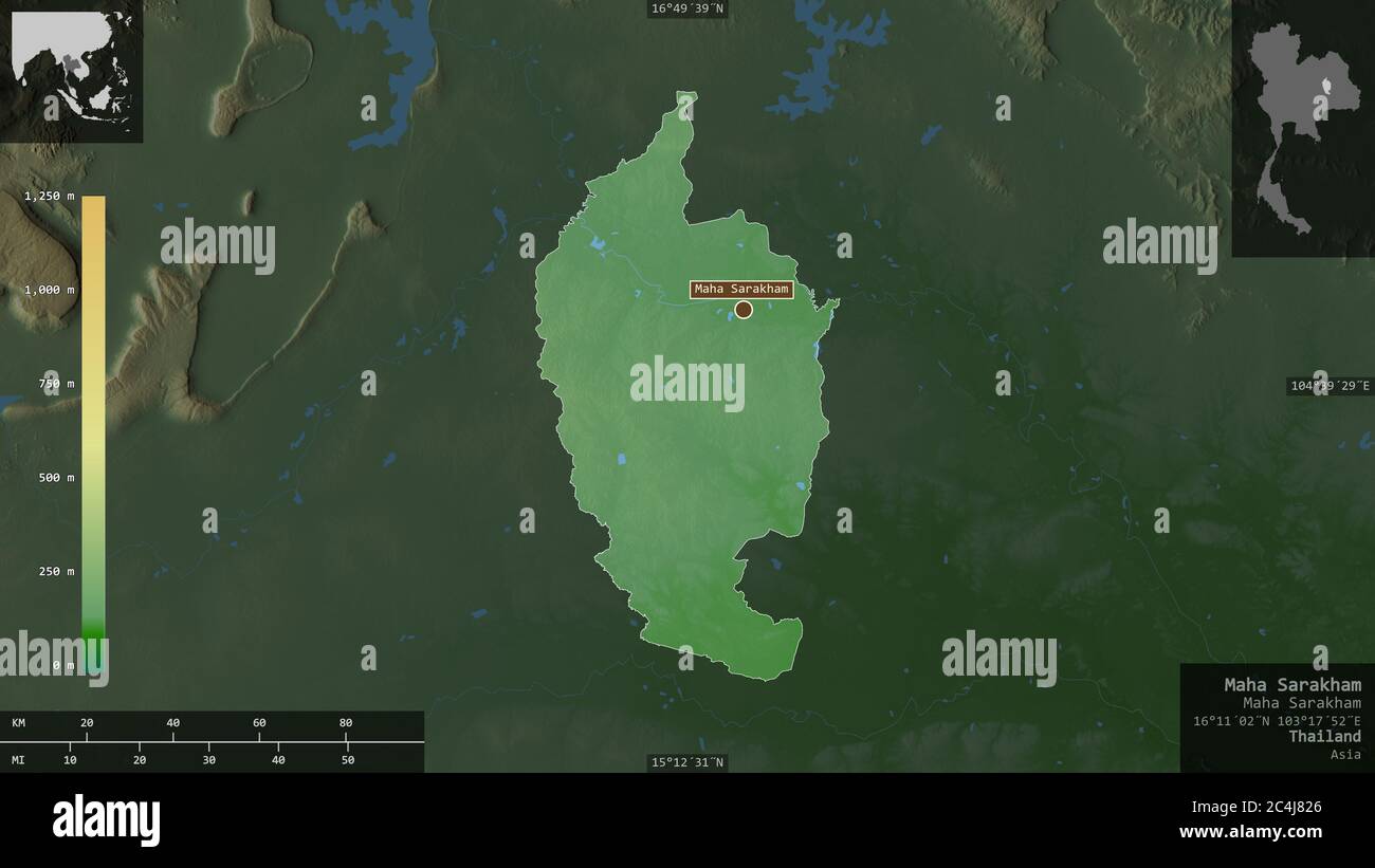 Maha Sarakham, province of Thailand. Colored shader data with lakes and ...