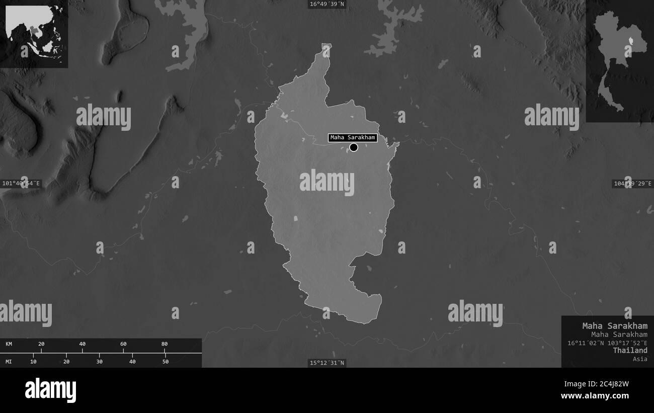 Maha Sarakham, province of Thailand. Grayscaled map with lakes and ...