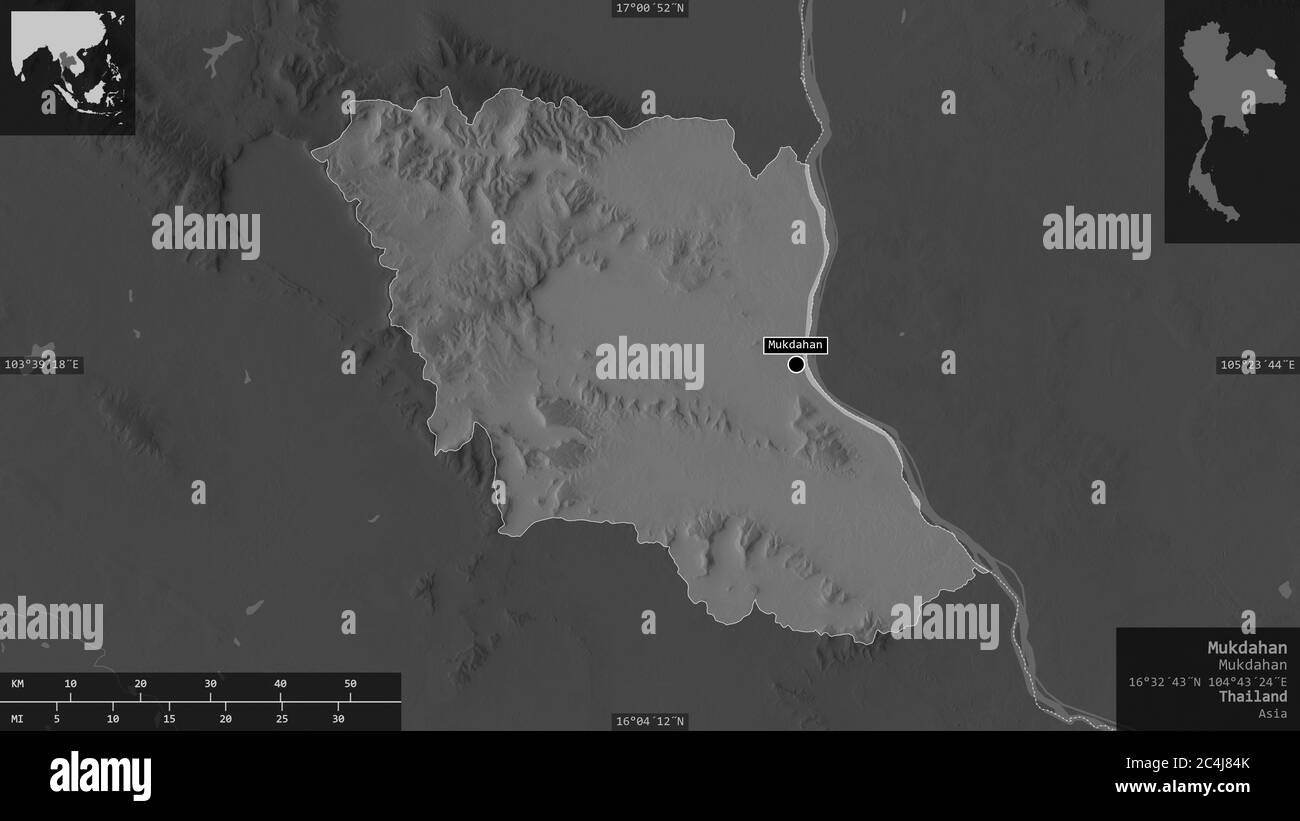 Mukdahan, province of Thailand. Grayscaled map with lakes and rivers ...