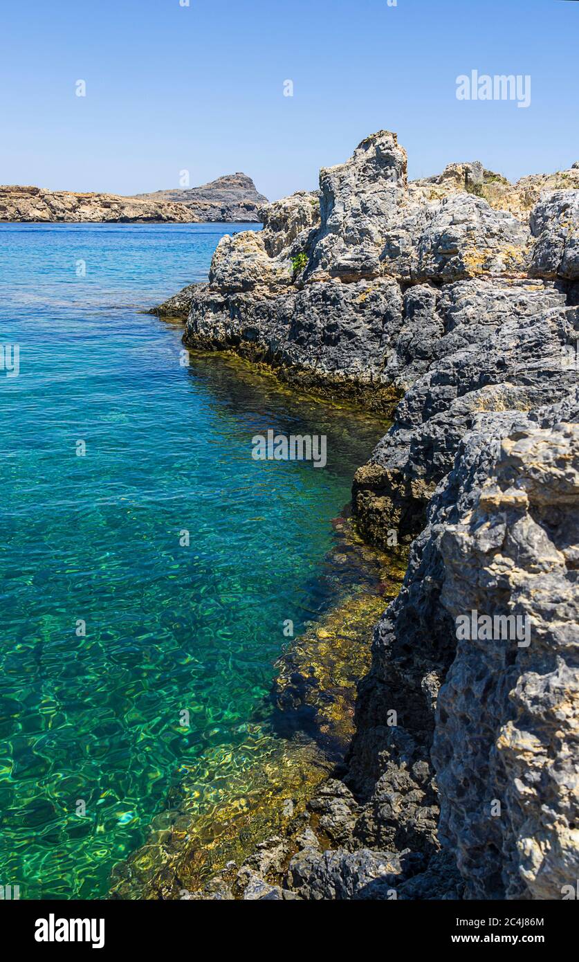 Panorama of clear blue water, in Lindos in Rhodes island, famous for ...