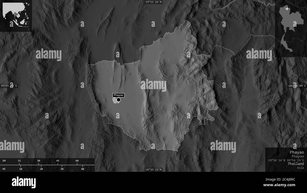 Phayao, province of Thailand. Grayscaled map with lakes and rivers ...