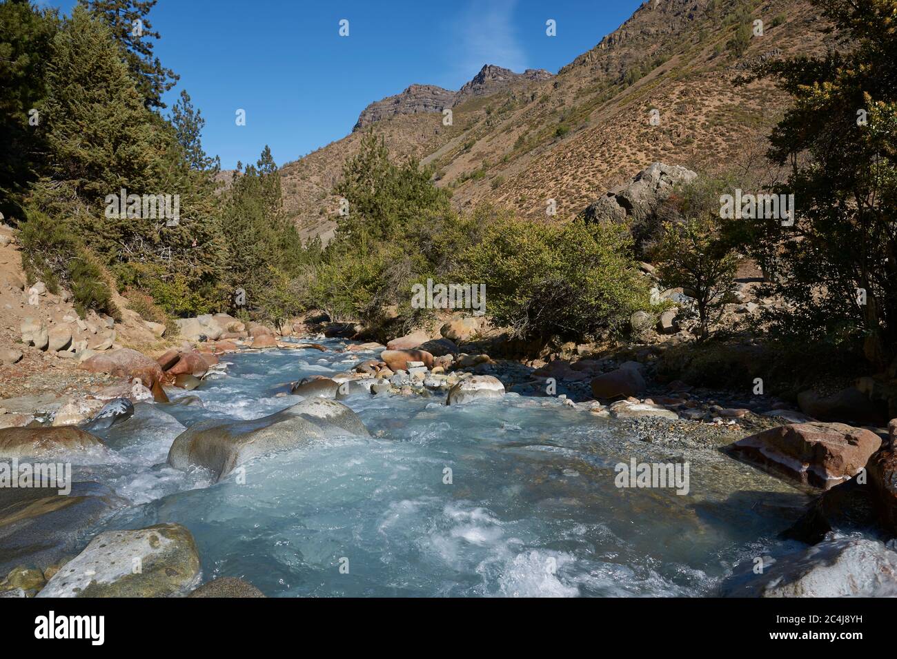 Ice cold river from the Paloma glacier running through autumn coloured ...