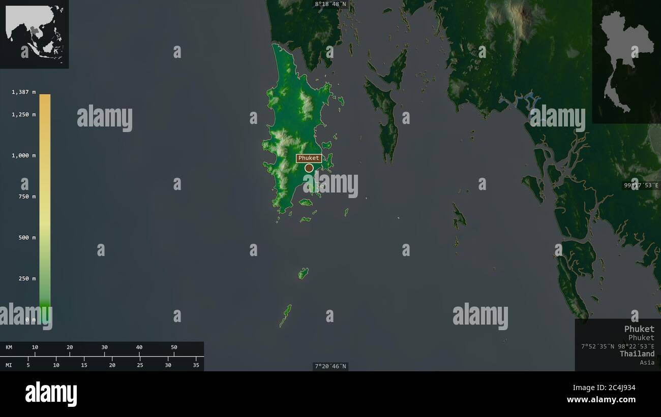 Phuket, province of Thailand. Colored shader data with lakes and rivers ...