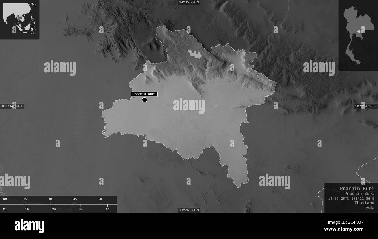 Prachin Buri, province of Thailand. Grayscaled map with lakes and ...