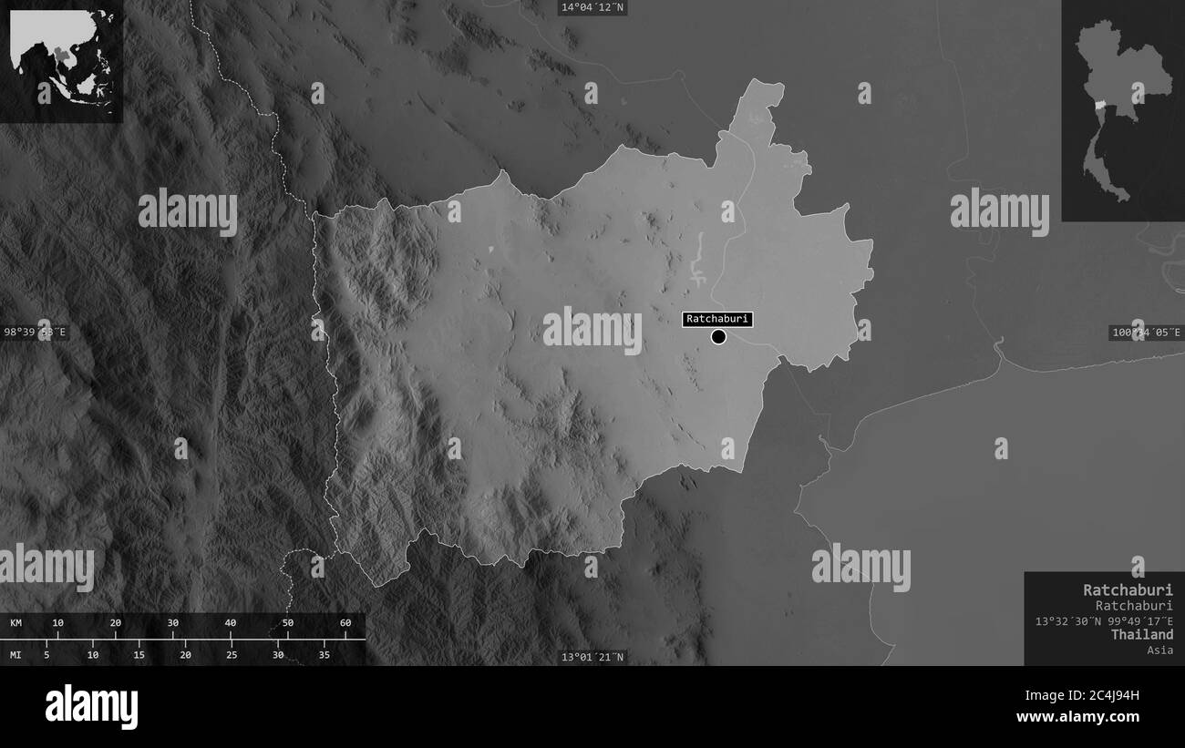 Ratchaburi, province of Thailand. Grayscaled map with lakes and rivers ...