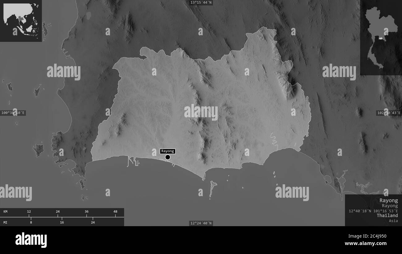 Rayong, province of Thailand. Grayscaled map with lakes and rivers ...