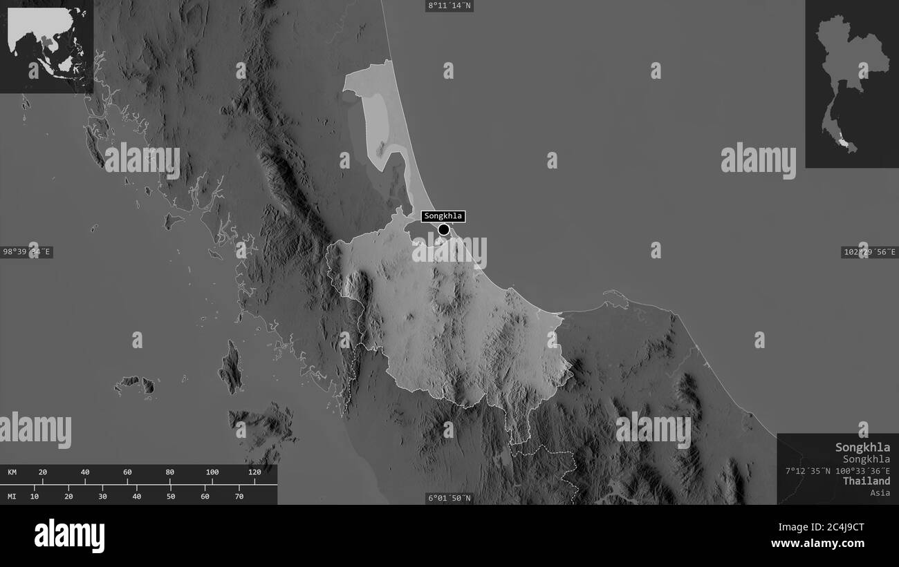 Songkhla, province of Thailand. Grayscaled map with lakes and rivers ...