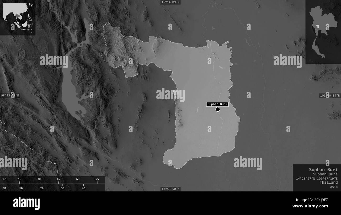 Suphan Buri, province of Thailand. Grayscaled map with lakes and rivers ...