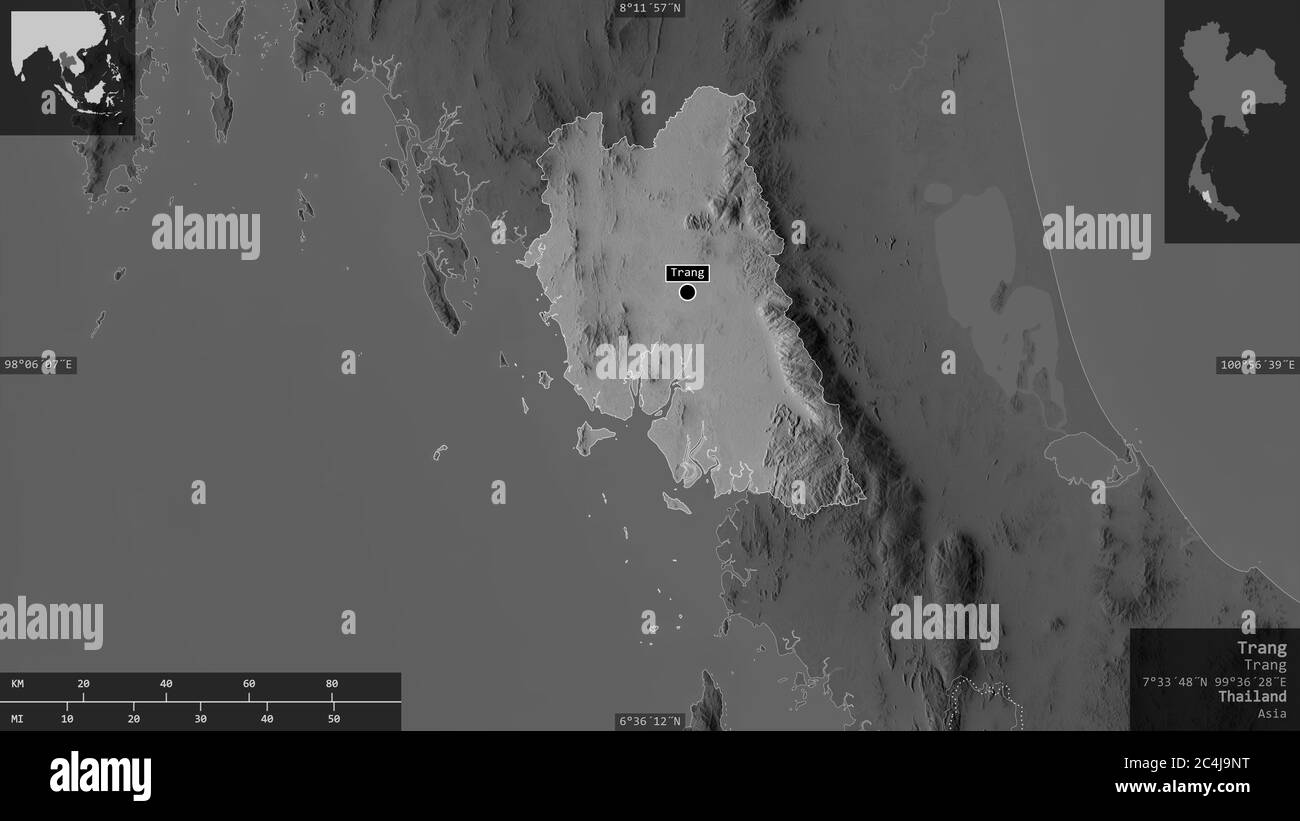 Trang, province of Thailand. Grayscaled map with lakes and rivers ...