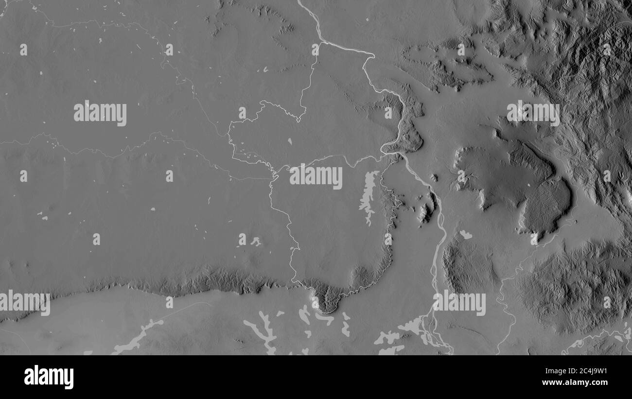 Ubon Ratchathani, province of Thailand. Grayscaled map with lakes and ...