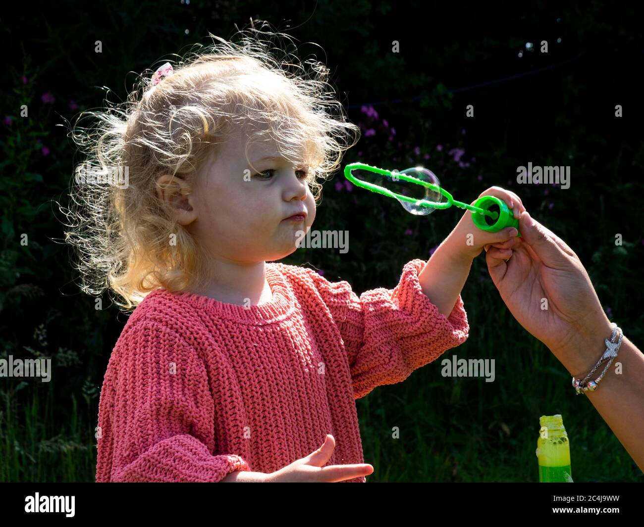 Toddler blowing bubbles with mum's help, UK Stock Photo - Alamy