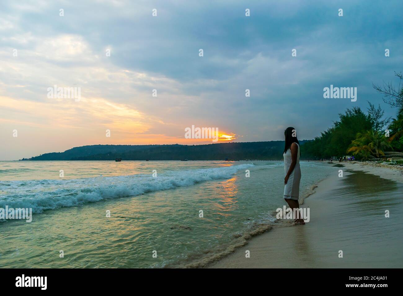 Long Set Beach, Koh Rong, Cambodia- Feb, 2020 : a lady enjoying a ...