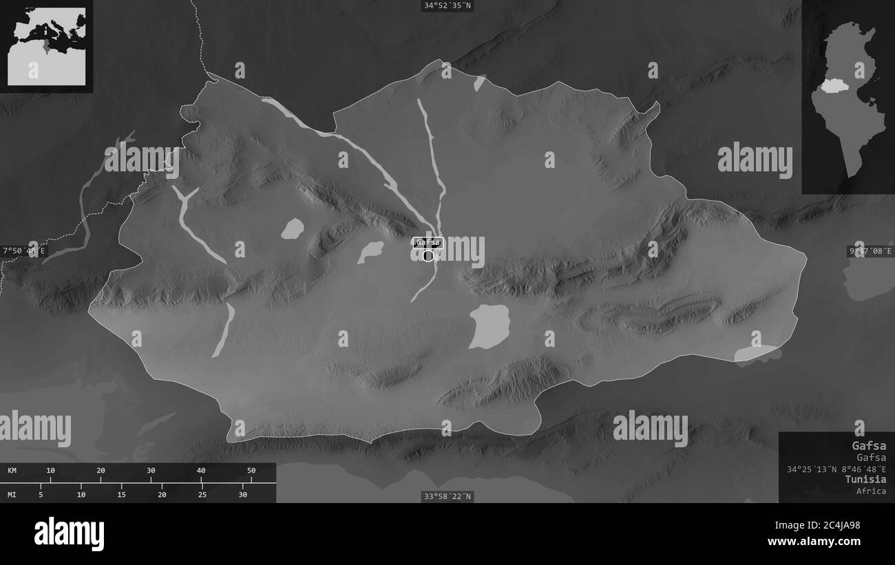 Gafsa, governorate of Tunisia. Grayscaled map with lakes and rivers ...