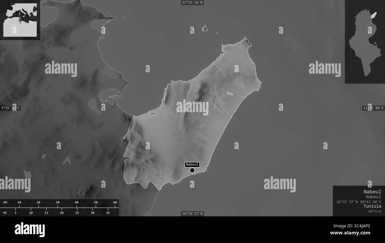 Nabeul, governorate of Tunisia. Grayscaled map with lakes and rivers ...