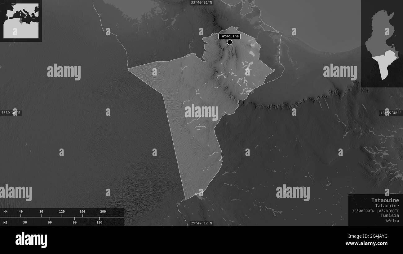 Tataouine, governorate of Tunisia. Grayscaled map with lakes and rivers ...